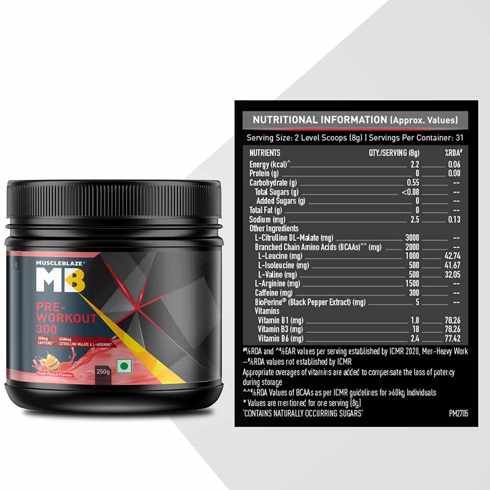 Buy MuscleBlaze PRE Workout 300 - 0.55lb, 31 Servings (Fruit Punch ...