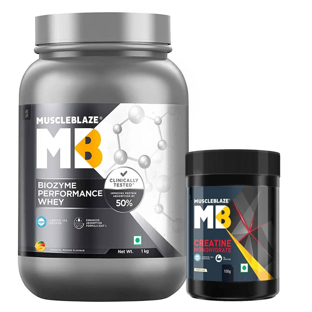 MuscleBlaze Biozyme Performance Whey 1 Kg & Creatine Monohydrate 0.22 ...