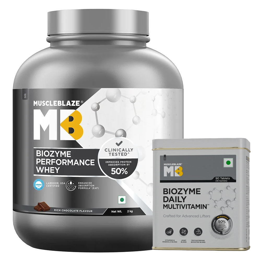 MuscleBlaze Biozyme Performance Whey 2 kg & Daily Multivit 90 Tabs ...